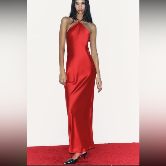Zara | Dresses | Zara Limited Edition Red Satin Halter Maxi Dress ...